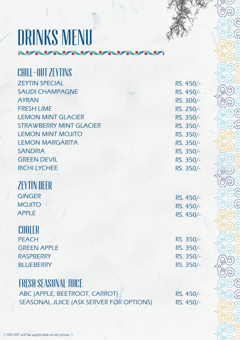 Zeytin Restaurant Menu Karachi - Read 2024 Updated Zeytin Restaurant ...